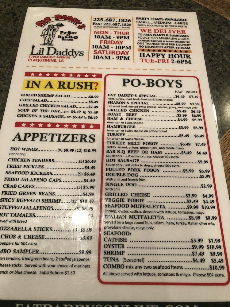 Menu at Fat Daddy's restaurant, Plaquemine
