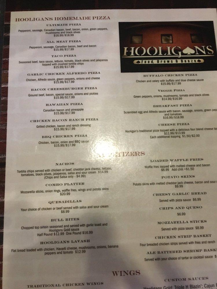 Menu at Hooligans pizzeria, West Fargo