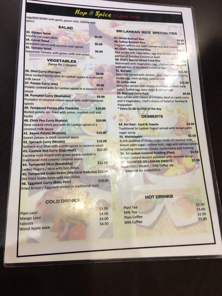 Menu at Hop & Spice restaurant, Braybrook