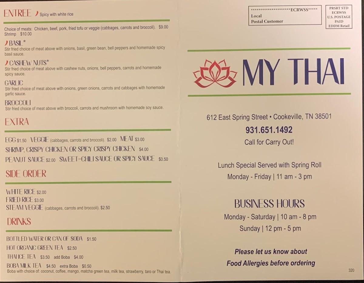 Menu at My Thai restaurant, Cookeville