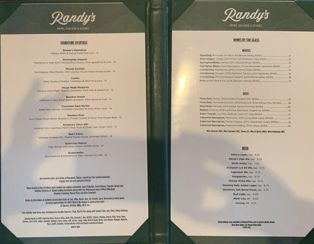 Menu at Randy's Prime Seafood and Steaks steakhouse, Vienna