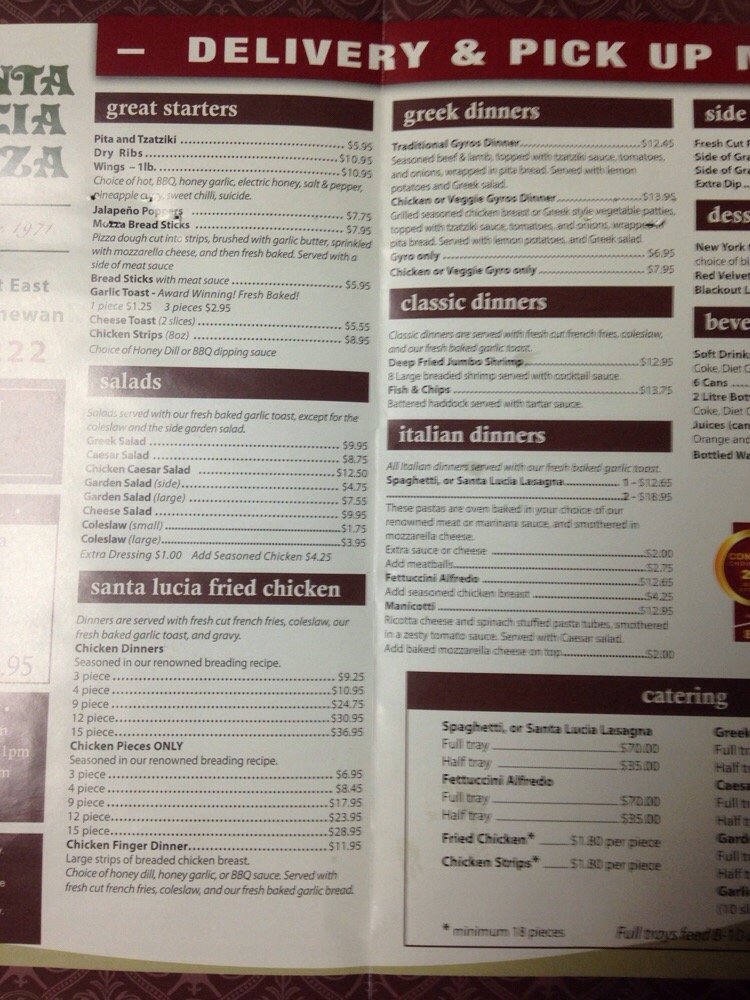 Menu at Santa Lucia Pizza Saskatoon East pizzeria, Saskatoon, 8 St E #113