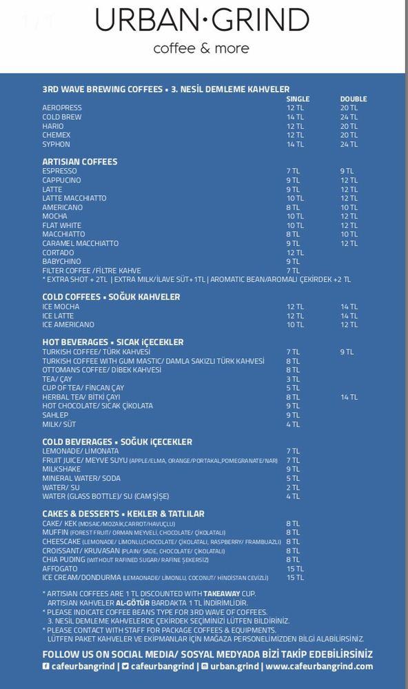 Menu at Urban Grind, Istanbul,. Sk No:6
