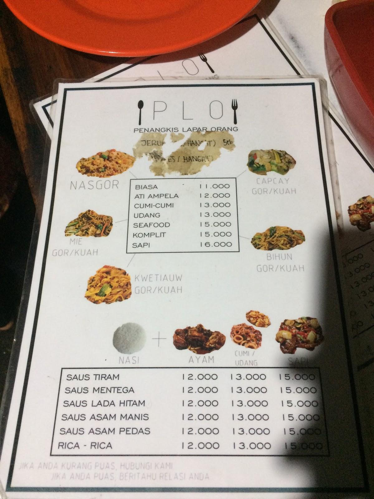 Menu at Warung PLO (Penangkis Lapar Orang) restaurant, Bandung