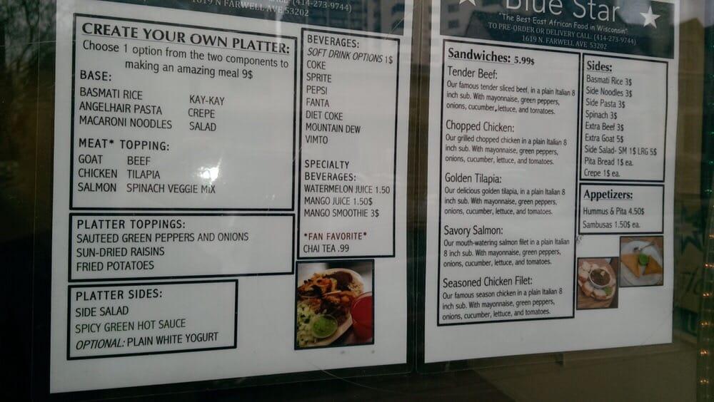 Menu at Blue Star Cafe, Milwaukee