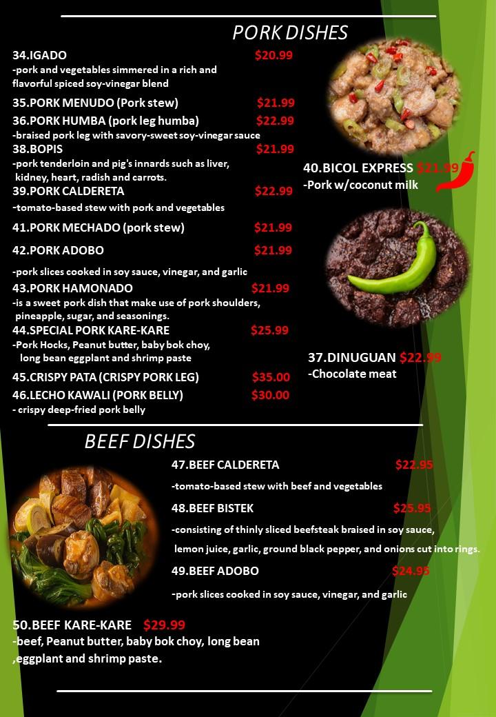 Menu au Giga's Pinoy Carinderia restaurant, Cochrane