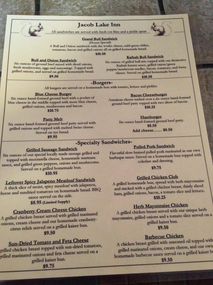 Menu at Jacob Lake Inn restaurant, Jacob Lake