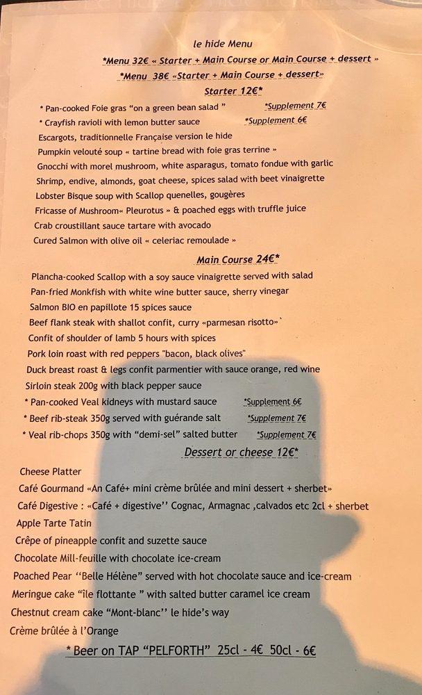 Menu at LE HIDE restaurant, Paris