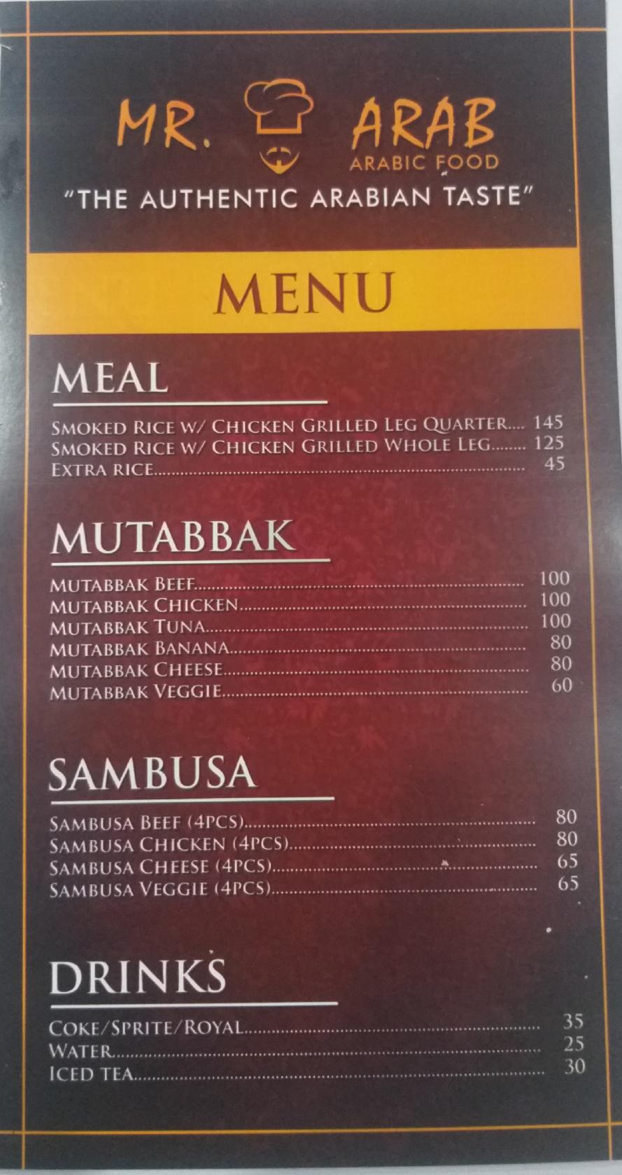 Menu at Mr. Arab restaurant, Dumaguete