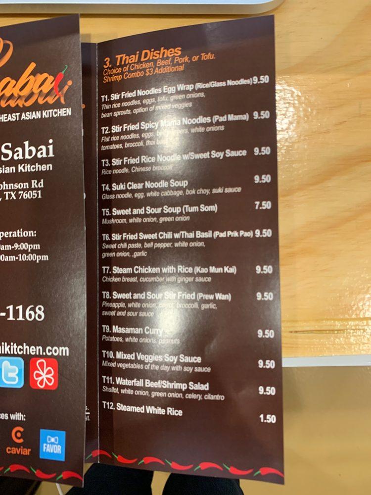 Menu at Sabai Thai Restaurant, Grapevine