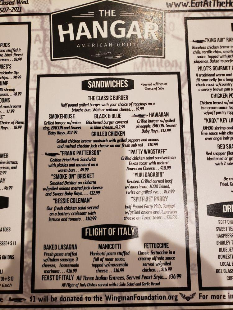 Menu at The Hangar American Grill restaurant, Milton