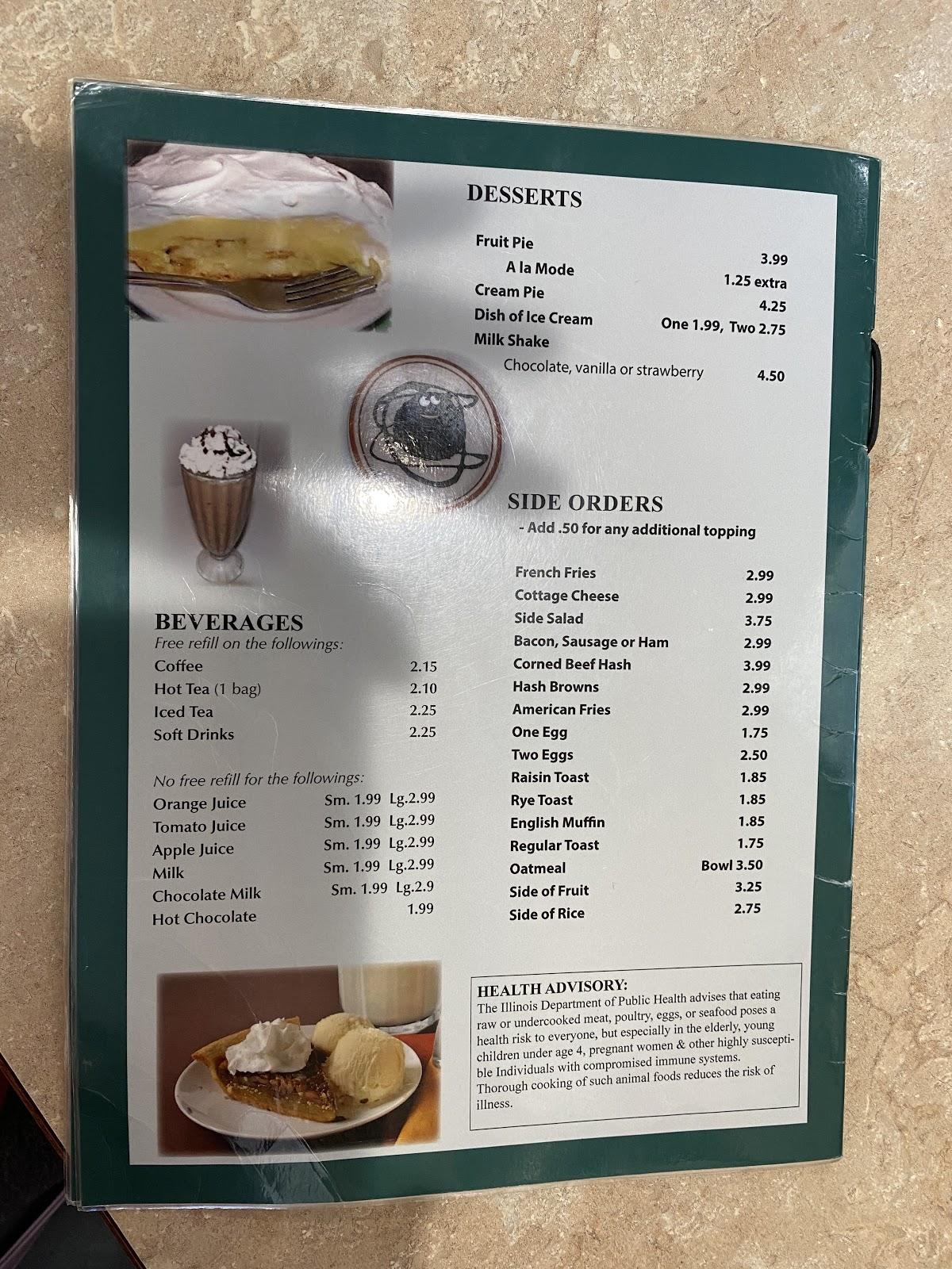 Menu at Tony's Diner restaurant, Bloomington