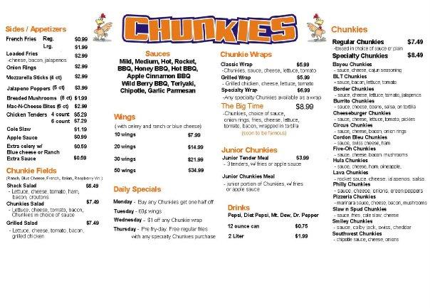 Menu at Chunkies restaurant, Oregon