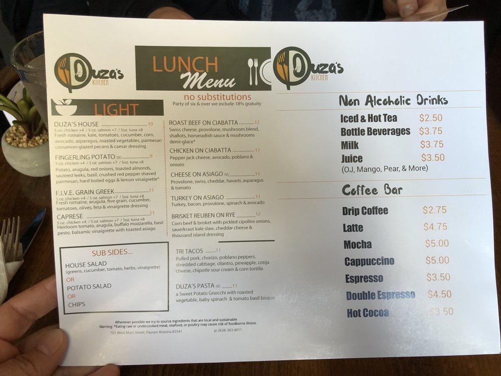 Menu at Duza's Kitchen restaurant, Payson, 703 W Main St
