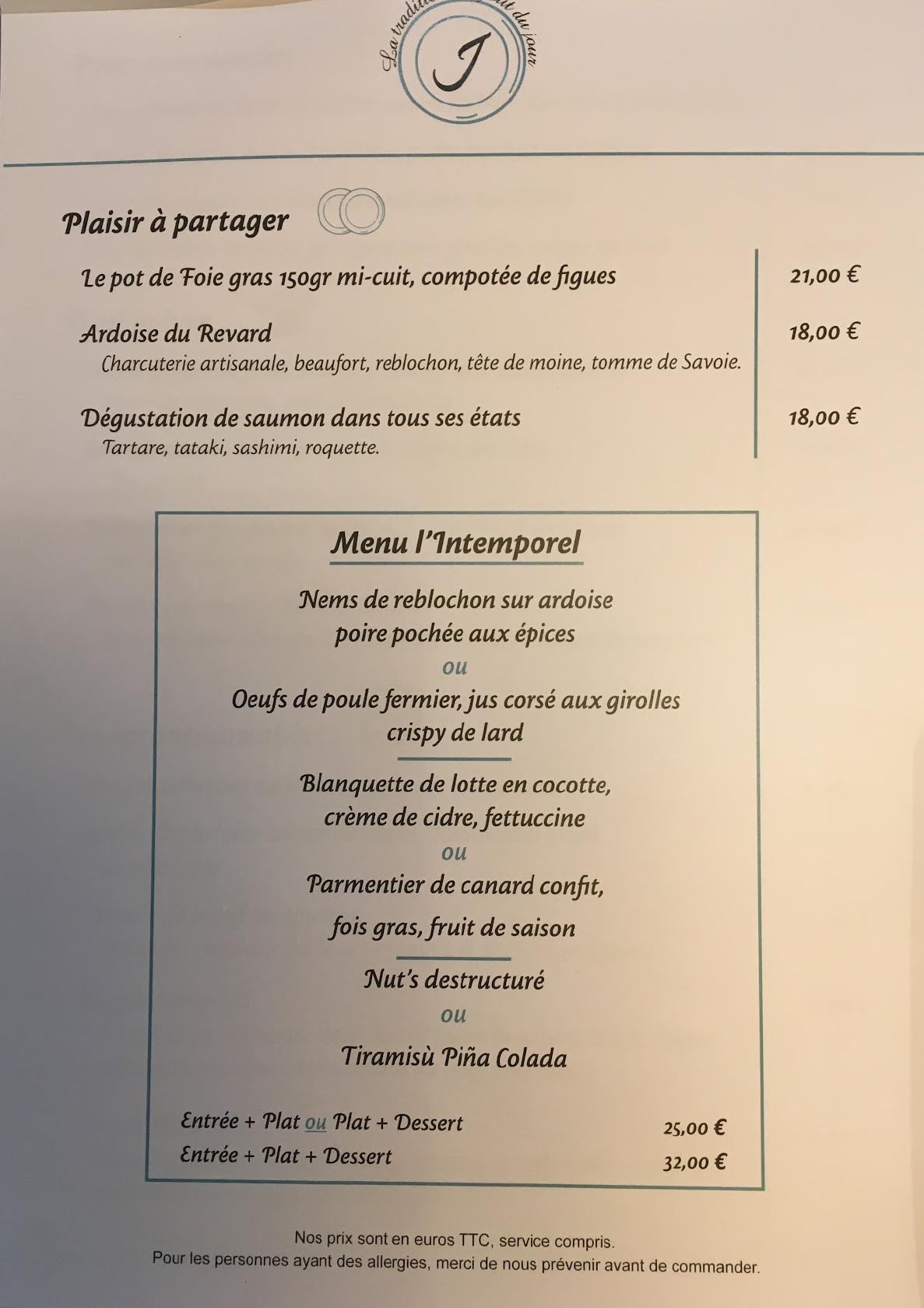 Menu au L’intemporel restaurant, Aix-les-Bains