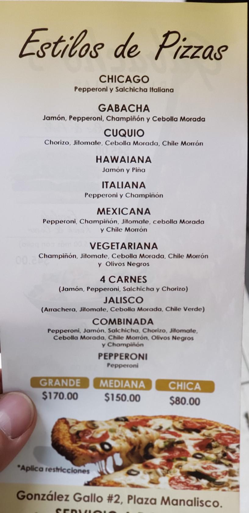 Carta de Pizzeria Gabacho's, Manalisco