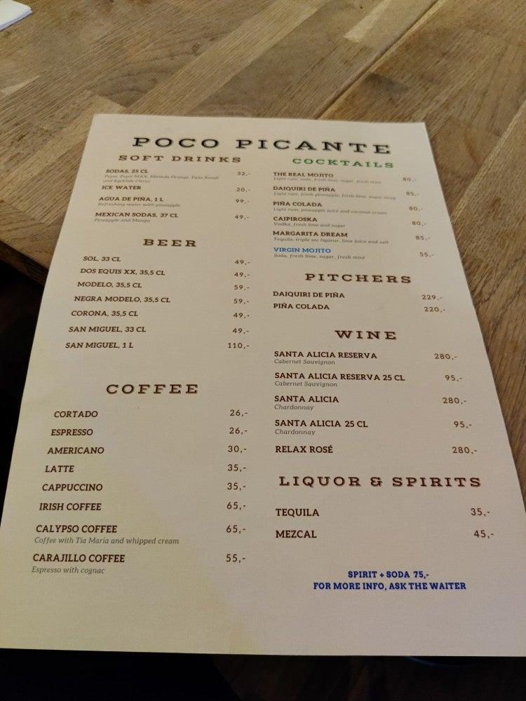 Menu at Poco Picante restaurant, Frederiksberg