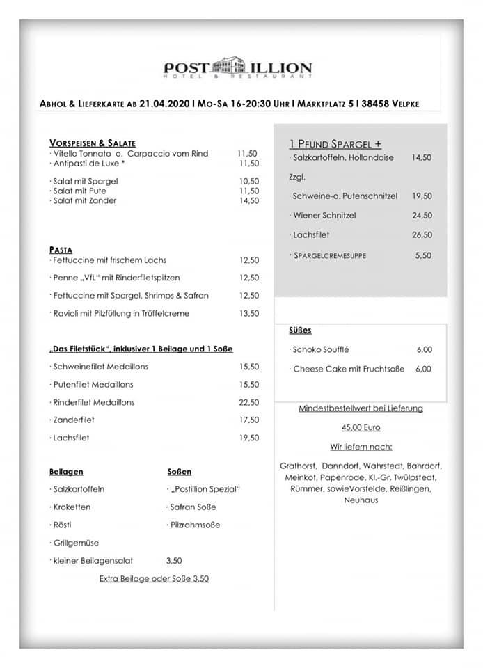 Menu at Postillion restaurant, Velpke