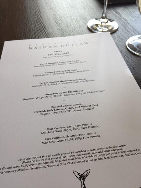 Menu at Outlaw's New Road restaurant, Port Isaac