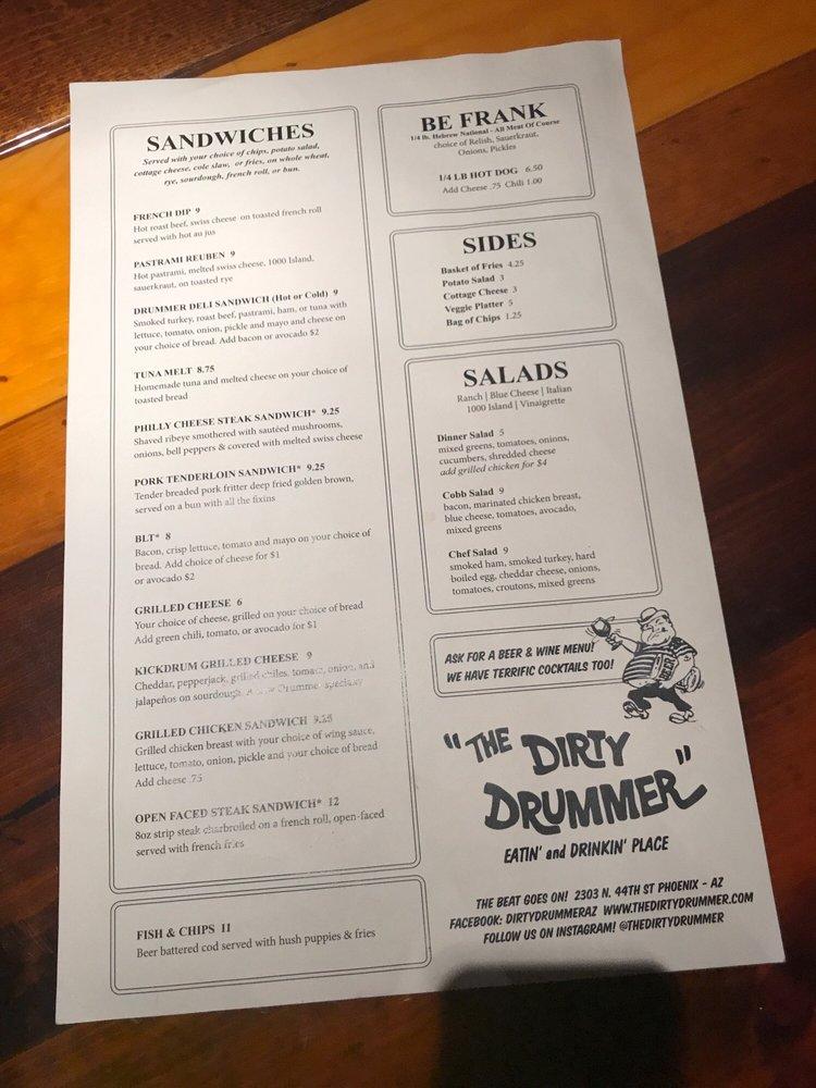 Menu at The Dirty Drummer pub & bar, Phoenix, N 44th St