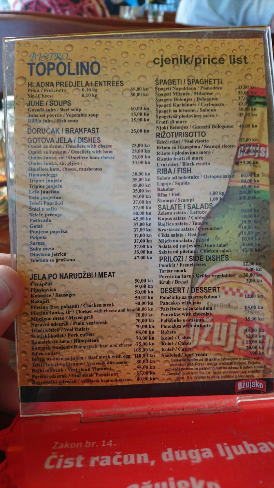 Menu da Bistro Topolino ristorante, Spalato