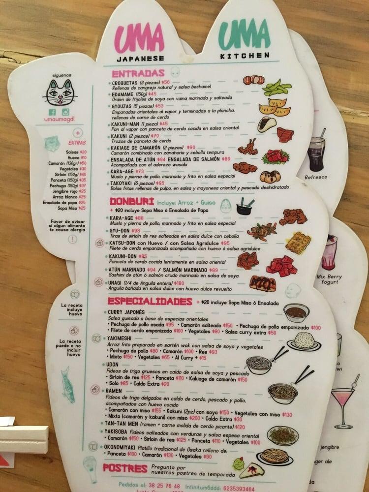 Menu at UMA UMA Japanese Kitchen restaurant, Guadalajara