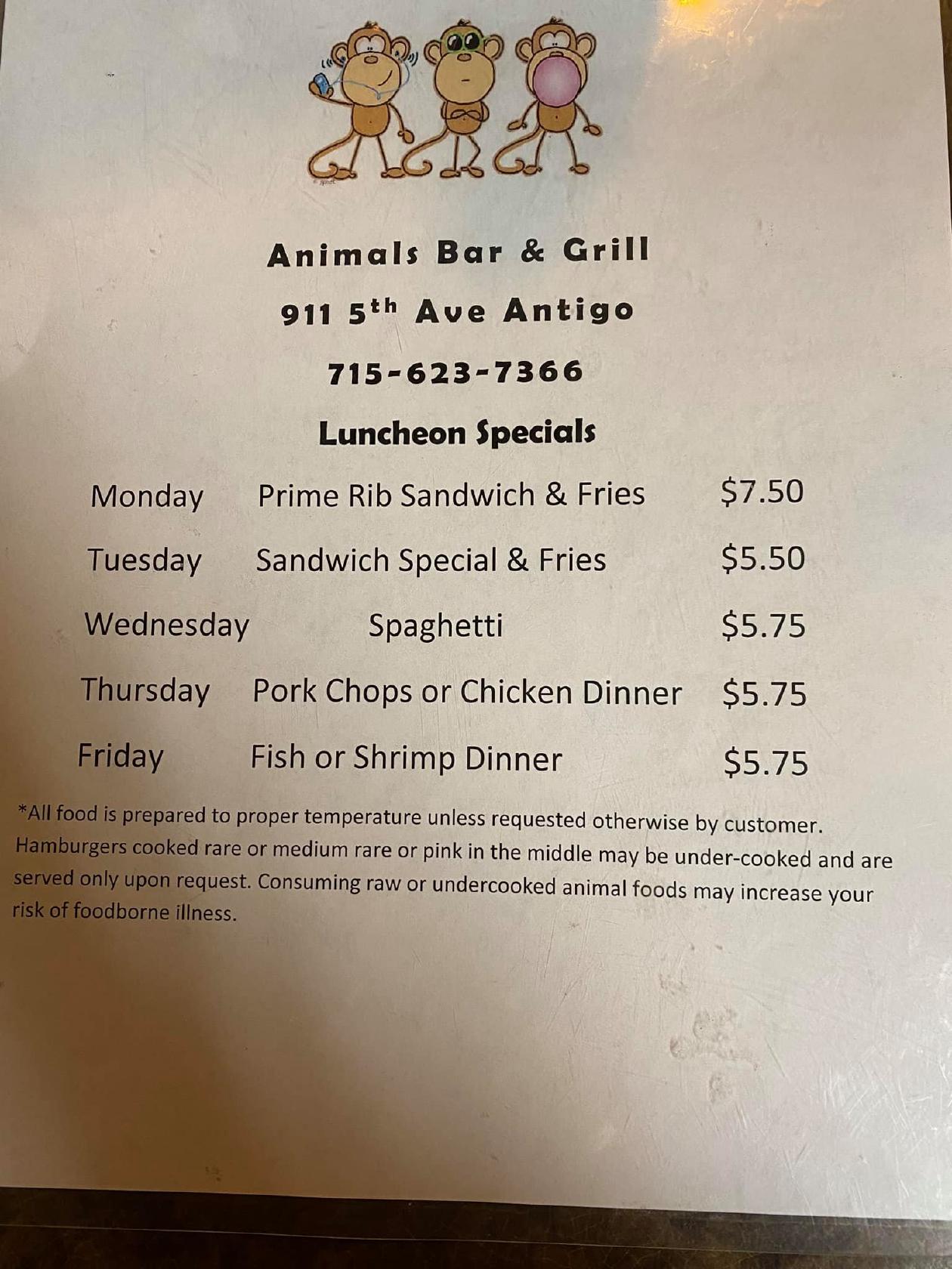 Menu at Animal's pub & bar, Antigo
