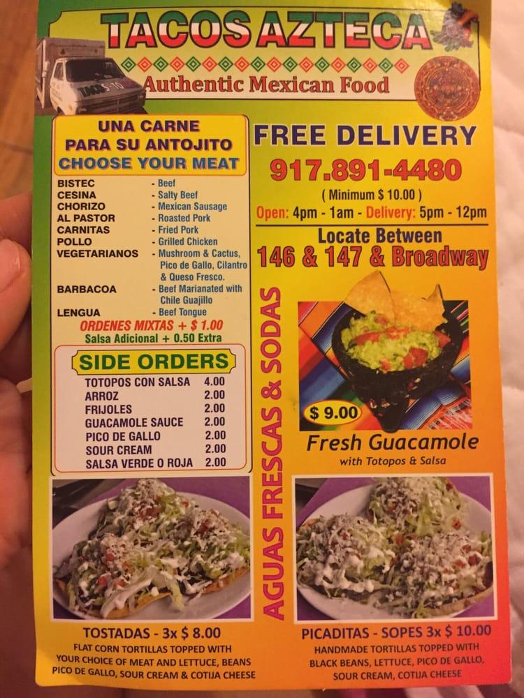 Menu at Azteca restaurant, New York City, Broadway