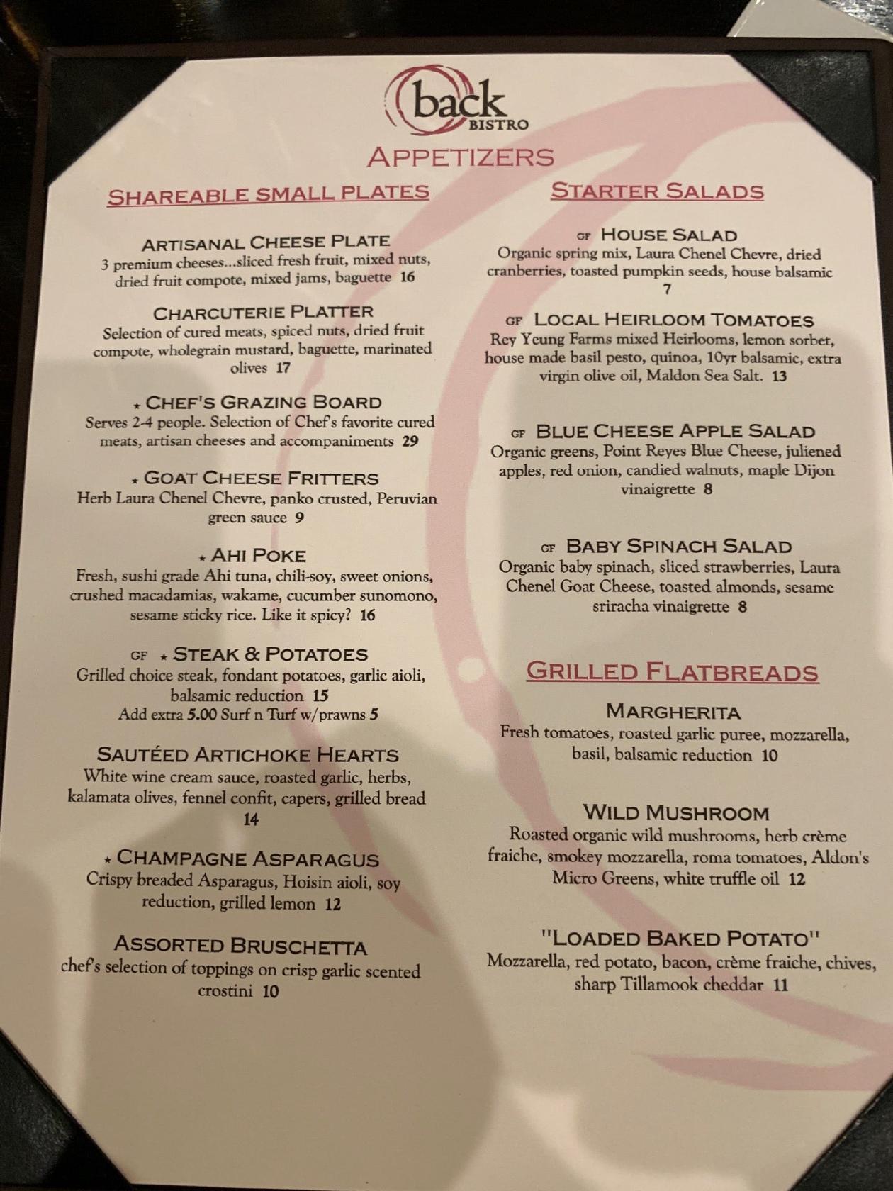Menu at Back Bistro pub & bar, Folsom, 230 Palladio Pkwy Ste 1201