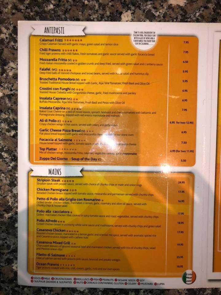 Menu at Casanova Italian and Mediterrean Restaurant, Drogheda