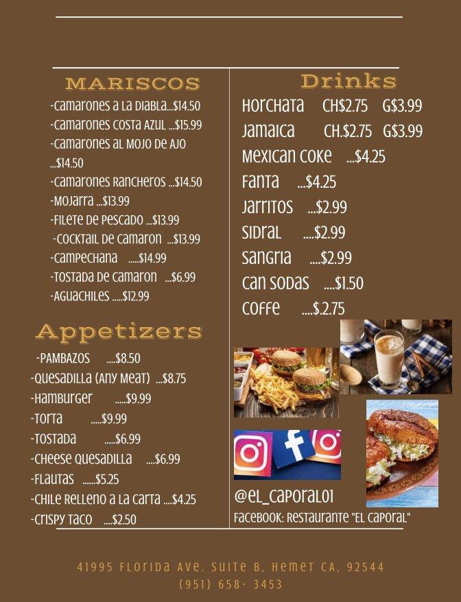 Menu at El Caporal, Hemet