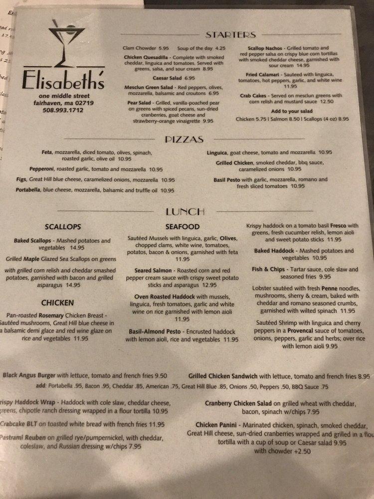 Menu at Elisabeth's restaurant, Fairhaven