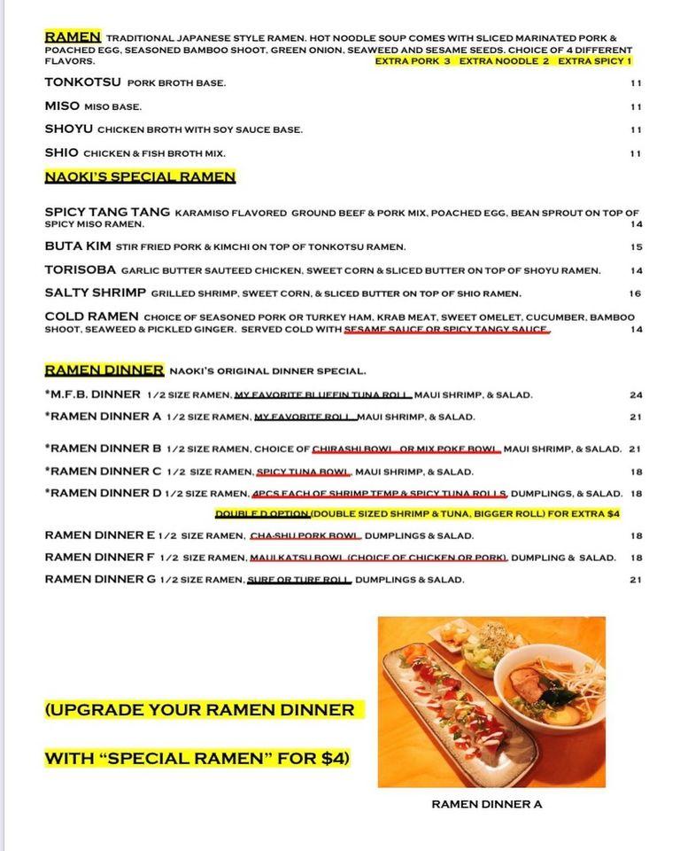 Menu at NAOKI JAPANESE CUISINE restaurant, Palm Bay