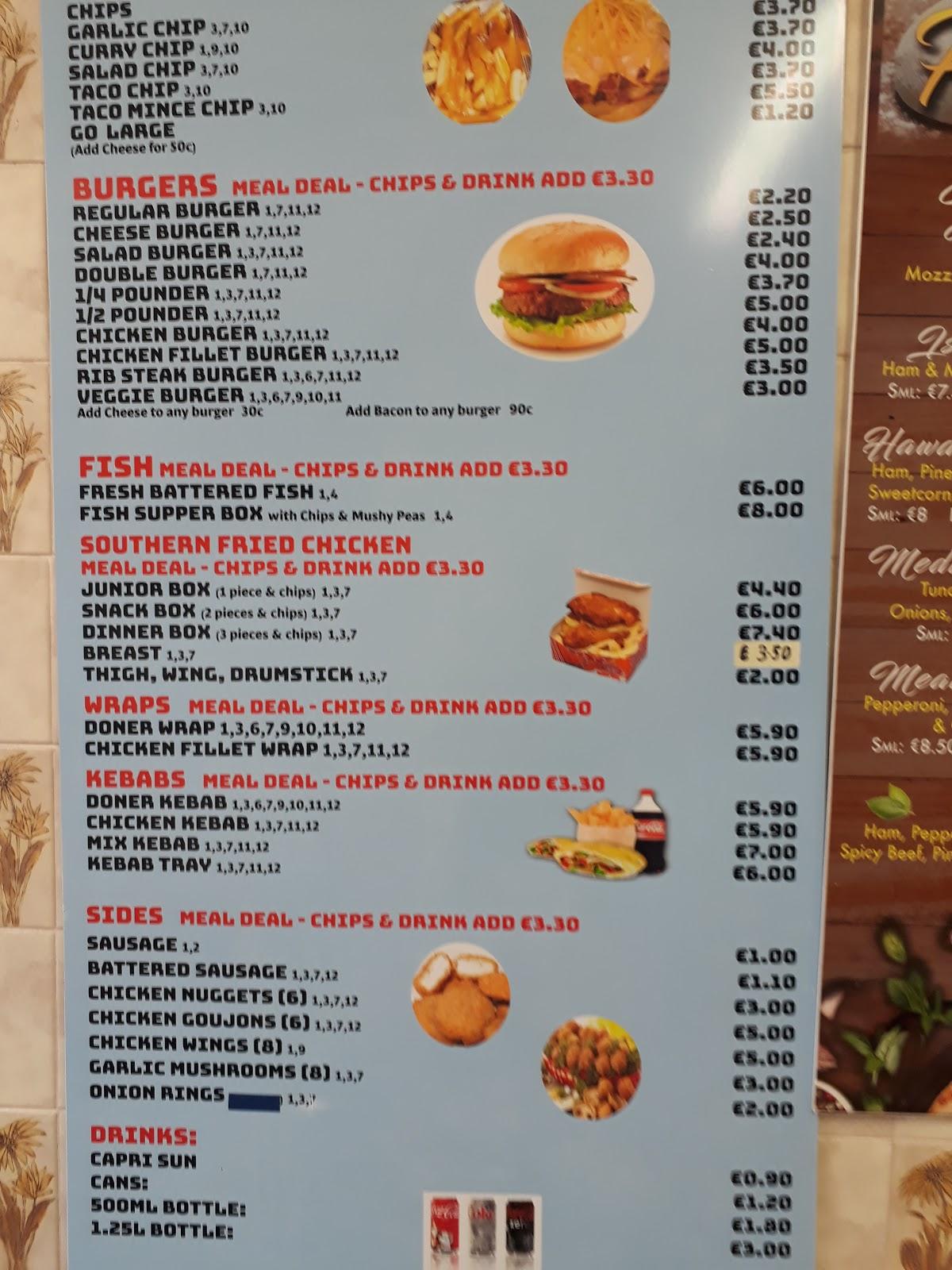 Menu at Power's Takeaway restaurant, Ireland