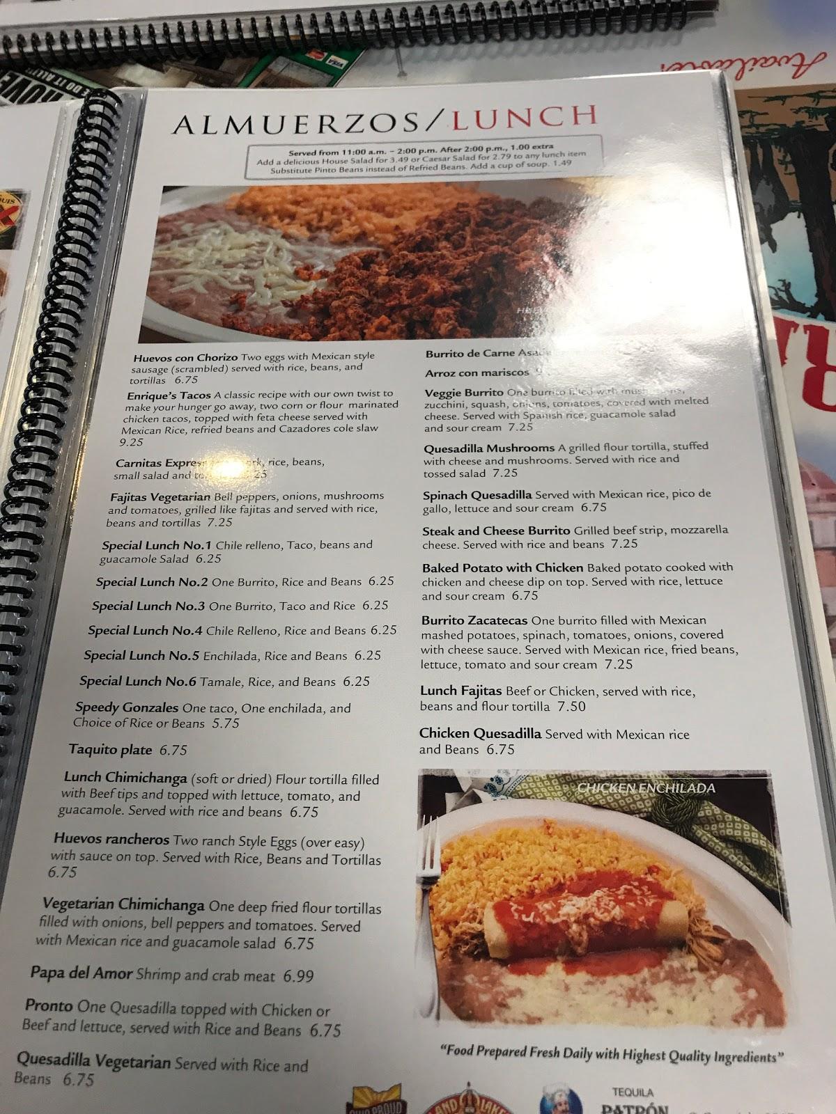 Menu at Cazadores Mexican Restaurant, Sidney