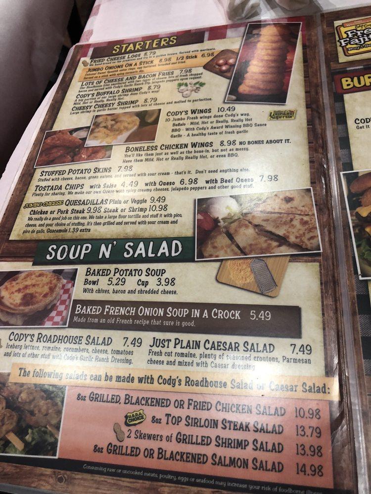 Menu at Cody's Original Roadhouse - Sebring pub & bar, Sebring