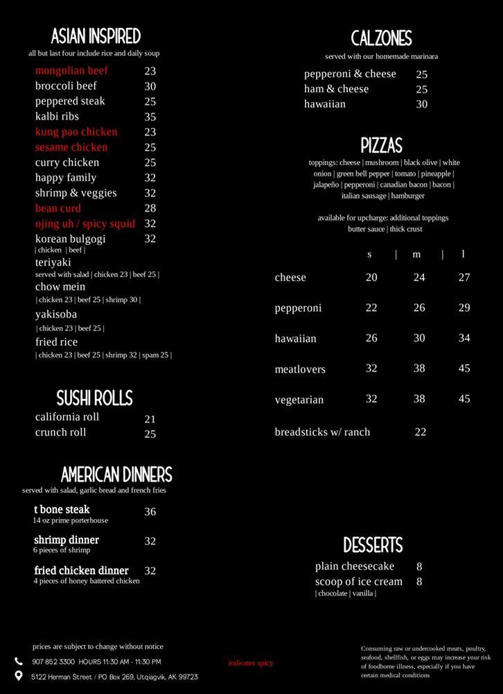 Menu at Northern Lights Restaurant, Utqiagvik, Herman St