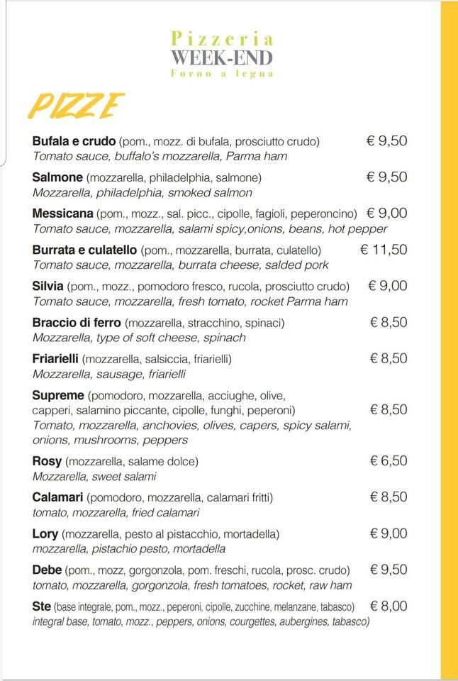 Menu at Pizzeria Week-End, Moncalvo