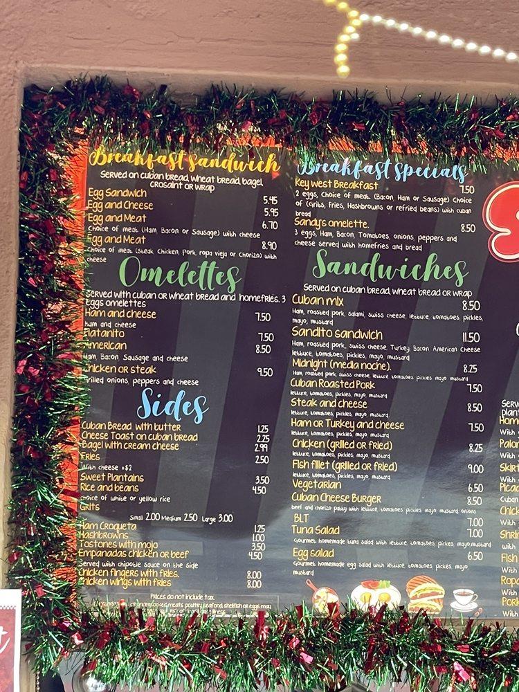 Menu at Sandy's Café cafe, Key West, White St