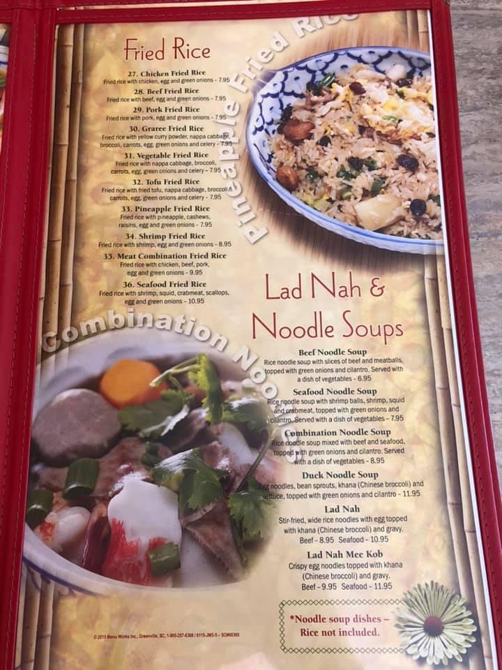 Menu at Thai Taste restaurant, Spartanburg