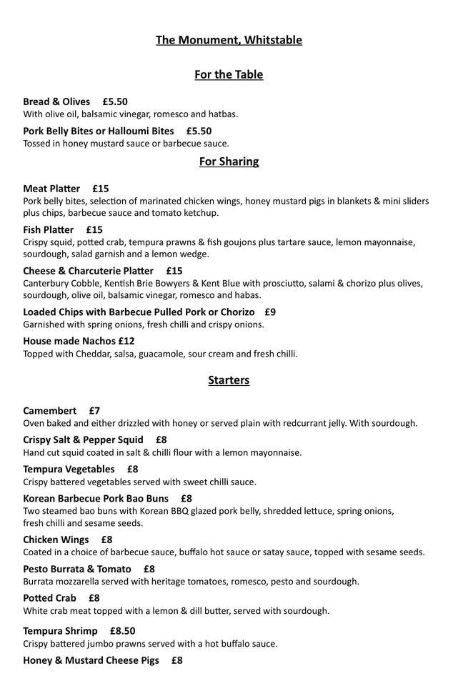 Menu at The Monument pub & bar, Whitstable
