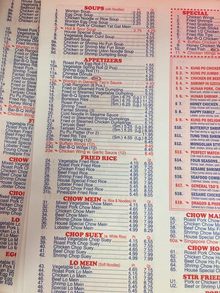 Menu at Chinatown restaurant, Wappingers Falls