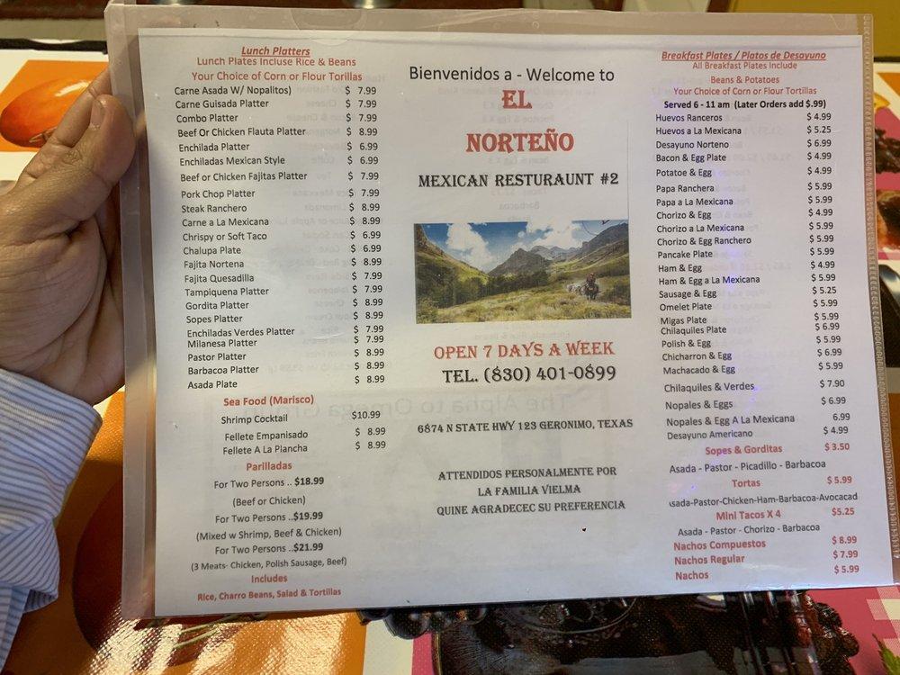Menu at El Norteno Taqueria restaurant, New Braunfels