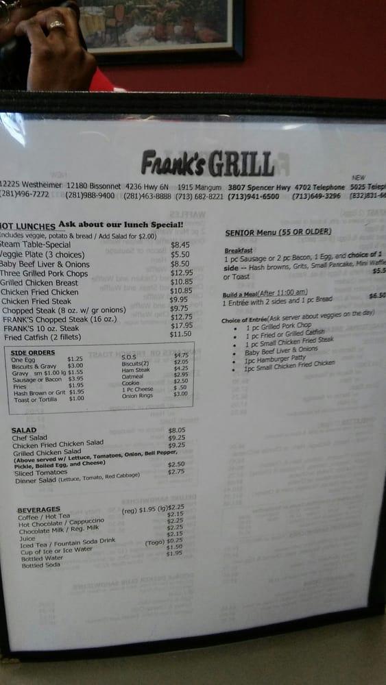 Menu at Frank's Grill restaurant, Pasadena, Spencer Hwy