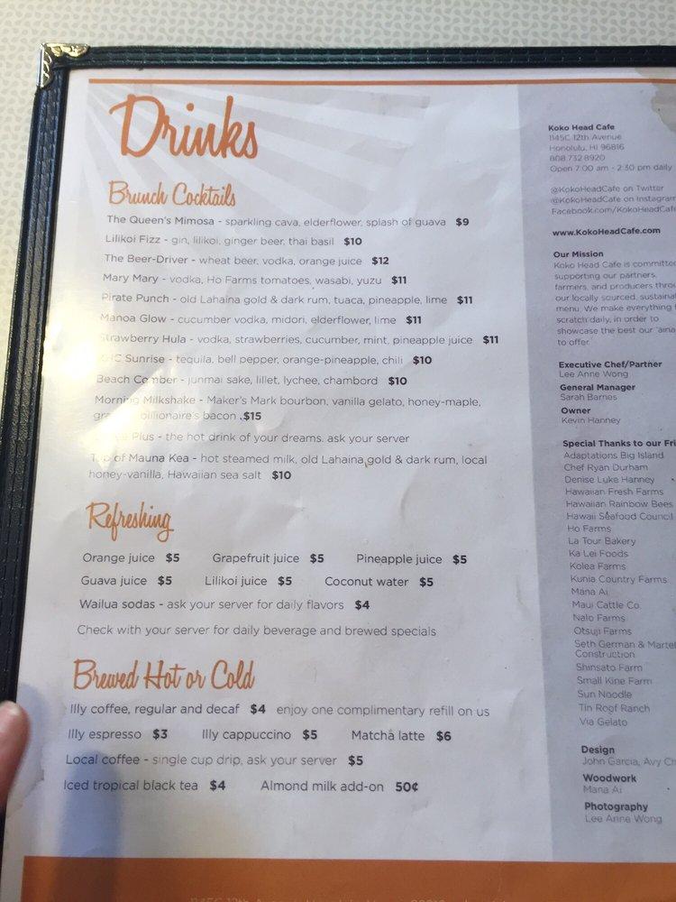 Menu at Koko Head Cafe, Honolulu