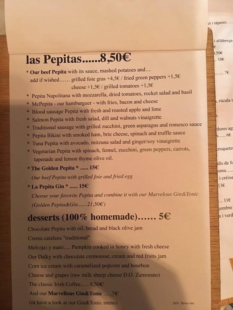 Menu at La Pepita pub & bar, Barcelona, C/ de Còrsega