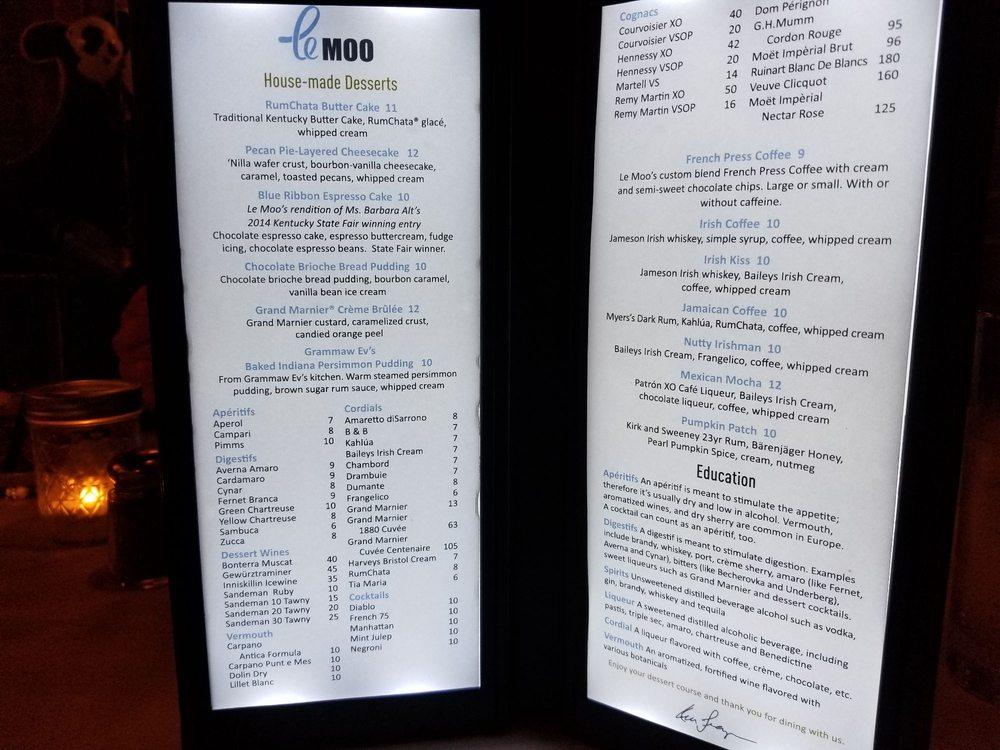 Menu at Le Moo steakhouse, Louisville
