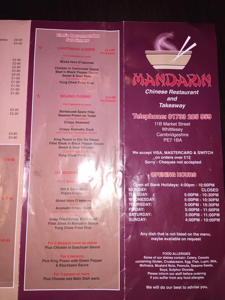 Menu at Mandarin Gardens restaurant, Peterborough
