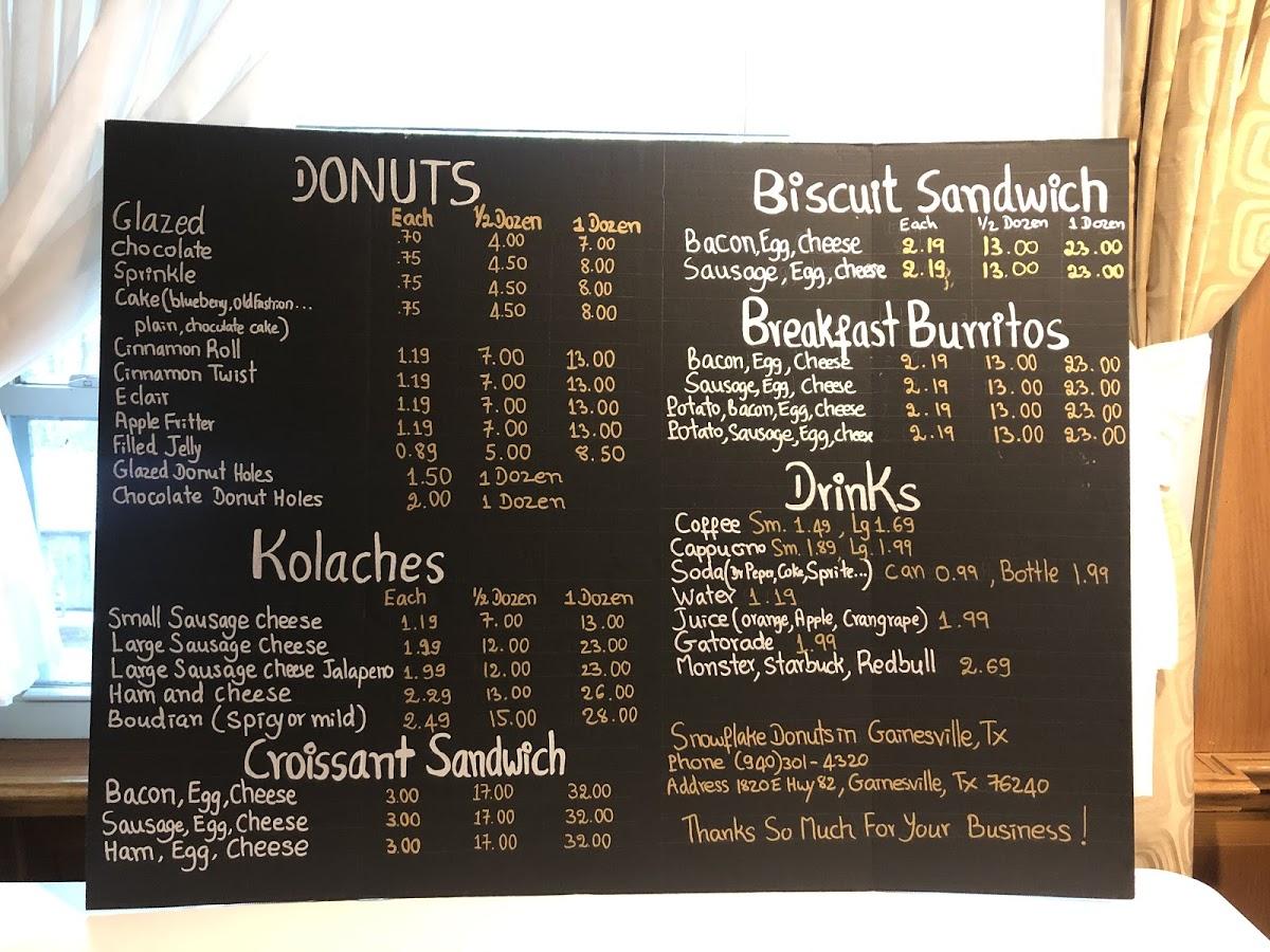 Menu at Snowflake Donuts restaurant, Gainesville