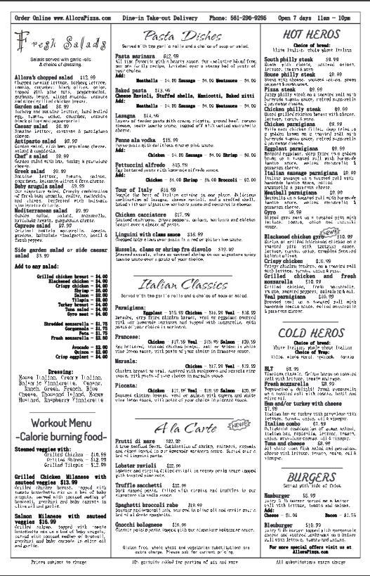 Menu at Allora Pizza & Pasta pizzeria, North Palm Beach